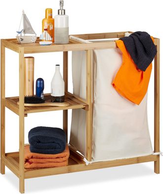 Relaxdays Natur Badregal mit Wäschekorb, 3 Ablagen, herausnehmbarer Wäschesack, offenes Bambusregal, HxBxT 65x68x33 cm, Faserplatte, 1 Stück