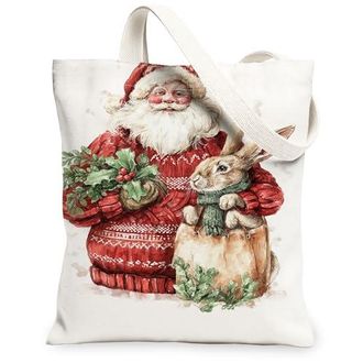 Generic Sac fourre-tout en toile avec motif animal de Noël et lapin, sacs de courses respectueux de lenvironnement, vintage, festif, léger, lavable, toile pou