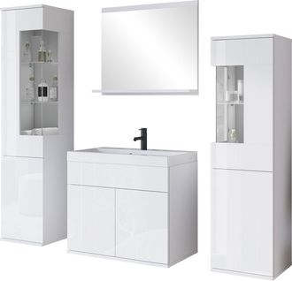 Mirjan24 Badm&ouml;bel Set Neskir mit Waschbecken und Siphon, Komplettprogramme f&uuml;r Badezimmer, Spiegel, Waschtisch, Hochschrank, H&auml;ngeschrank (Wei&szlig;/Wei&szlig; Hochglanz,