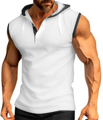 Generic DENGJIAMY D&eacute;bardeur &agrave; capuche sans manches gaufr&eacute; pour homme - T-shirt d&eacute;t&eacute; &agrave; boutons et col en V pour homme, blanc, XXL