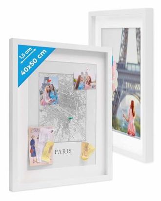Photolini Cadre Photo 3D à remplir 40 x 50 cm Blanc, Set de 2 Cadres boîte Profond avec Passe-Partout, pour Objets jusquà 1,5 cm, Bois MDF, Verre - pour Les Loi