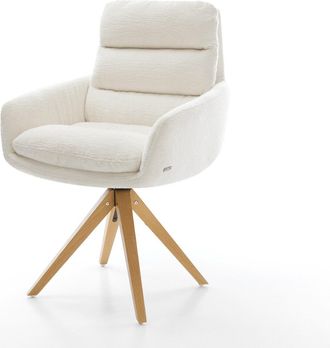 DELIFE Drehstuhl Abelia-Flex mit Armlehnen Boucl&eacute; Soft Beige Holzgestell kantig Natur 360&deg; drehbar, Esszimmerst&uuml;hle