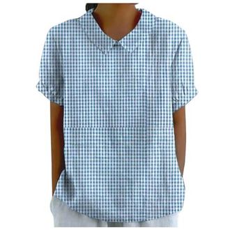 Generic T-shirt d&eacute;t&eacute; pour femme - Col rond &eacute;l&eacute;gant - Col rond - Chemise en lin imprim&eacute;e - Pull ample - T-shirt d&eacute;contract&eacute;, bleu, XXL