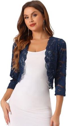 Allegra K Boléro Femme Élégant en Dentelle Floral à 3/4 Manches Cardigan Transparent à Haussement dÉpaule Boléro pour Mariage et Fête Gilet Court Léger Devant O