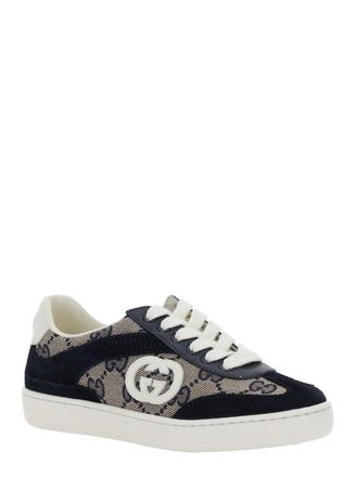 Gucci Boys Low Top Sneaker Gg Supreme Blue Canvas Calf Leather Trainers