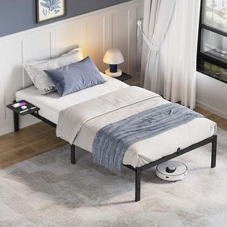 Vasagle Cadre de Lit 90 x 190 avec Sommier M&eacute;tal, Cadre en M&eacute;tal avec &Eacute;tag&egrave;res de Rangement, T&ecirc;te de Lit, pour Adolescents, Montage Facile, Noir Classique RMB