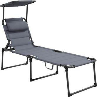 OUTSUNNY Bain de soleil transat inclinable pliable matelass&eacute; - pare-soleil, t&eacute;ti&egrave;re - m&eacute;tal &eacute;poxy noir tissu gris