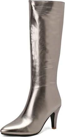Generic Bottes m&eacute;talliques &agrave; talon chaton pour femme avec fermeture &eacute;clair lat&eacute;rale tendance pour lhiver, gris, 38.5 EU