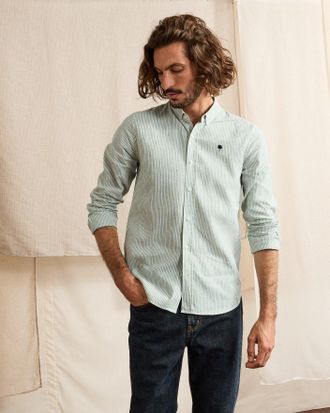 Faguo Chemise en lin ray&eacute;e vert et &eacute;cru