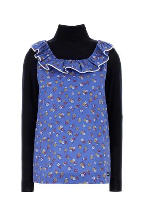 Miu Miu Floral-Print Poplin with Ruffle Collar Blouse - Blue