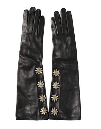Dolce & Gabbana Leather Embellished Long Mitten Gloves - Black