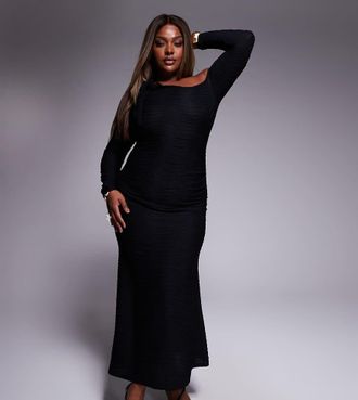 Asos Curve ASOS DESIGN Curve - Lang&auml;rmliges Maxikleid in Schwarz mit Zierausschnitt, Bindedetail und Strukturmuster