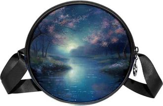 Generic Petit sac &agrave; bandouli&egrave;re Circle pour femme, sac &agrave; bandouli&egrave;re Moonlight Lake avec fermeture &eacute;clair, bretelles r&eacute;glables, sac &agrave; main rond d&eacute;contract&eacute; po