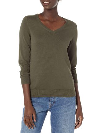 Amazon Essentials Damen Regular-Fit Leichter Langarm-Pullover V-Ausschnitt (In Übergröße Erhältlich), Dunkles Olivgrün Meliert, XL