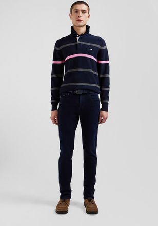 Eden Park Pull Col Polo En Coton Bleu Marine Ray&eacute; Coupe Regular