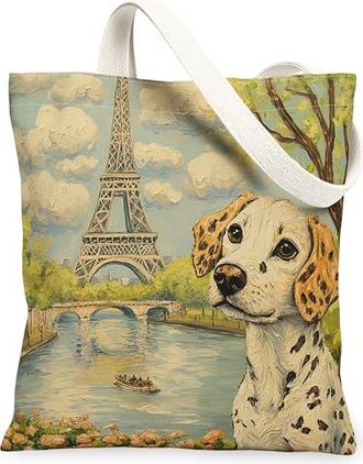 Generic Spring Catahoulas Sac fourre-tout en toile pour le shopping Motif l&eacute;opard 33 x 38 cm, tour romantique, sac d&eacute;picerie r&eacute;utilisable pour femme, peinture