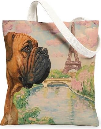 Generic Spring Bullmastiffs Sac fourre-tout en toile pour le shopping 33 x 38 cm, sac d&eacute;picerie r&eacute;utilisable pour femme, animal de compagnie, peinture de voya
