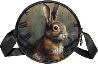 Generic Sac &agrave; bandouli&egrave;re rond pour femme, motif lapin vintage, sac &agrave; dos &agrave; bandouli&egrave;re avec fermeture &eacute;clair, bretelles r&eacute;glables, sac &agrave; main rond d&eacute;contract