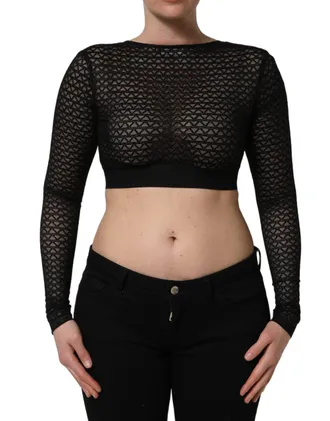 Dolce & Gabbana Womens Black Nylon Fishnet Long Sleeve Cropped Top Acrylic Wool