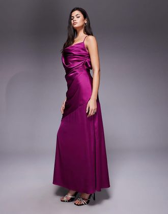 Tfnc Robe longue en satin &agrave; encolure drap&eacute;e et dos crois&eacute; - Prune-Violet