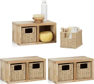 Relaxdays Relaxdays - Wandregal Walnuss im 3er Set, Regalsystem, je 2 Körbe zum Herausnehmen, für Bad, Küche oder Wohnzimmer, natur