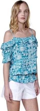 Kor&ouml;shi Chemisier turquoise pour femme avec d&eacute;collet&eacute; et &eacute;paules d&eacute;nud&eacute;es, volant et manches courtes bouffantes, turquoise, bleu, XXL