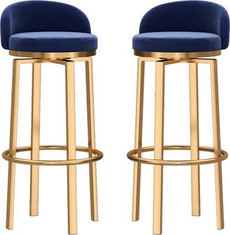 Generic Moderner Samt-Barhocker mit Drehbarer R&uuml;ckenlehne, 2Er-Pack, Blau, K&uuml;cheninselstuhl, Goldene Fu&szlig;st&uuml;tze, 65 cm Hoch, Wohnm&ouml;bel