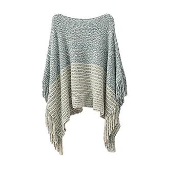 Generic Poncho pour femme avec ourlet à franges en crochet et col bateau - Cape en tricot pour lautomne et lhiver - Pull à pompons - Pull à épaules dénudées -