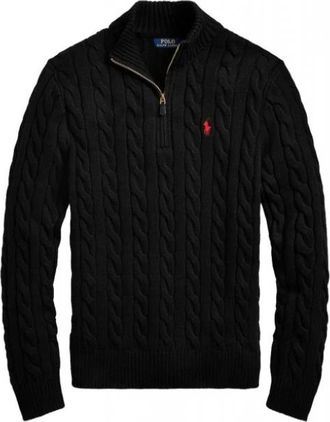 Ralph Lauren Homme, Pulls, Noir, Taille: L Pull en coton &agrave; maille torsad&eacute;e avec fermeture &eacute;clair au quart
