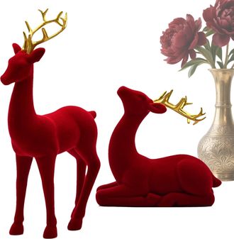 Generic Reindeer Christmas Decor Flocking Deer Figuren 2 Pieces Red and Green Aesthetic Stehen Sitting Each Statue for Workplace Bedside Table Party Kitchen