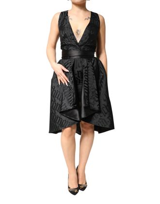 John Richmond Womens Black Jacquard Deep V-Neck Sleeveless 2 Pc Dress Viscose Elastane