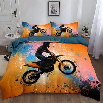 Generic Bettw&auml;sche 155 x 220 cm 4teilig Bettbezug, Wendebettw&auml;sche Bedding Dunkelblau Abstrakt Cool Motocross mit Rei&szlig;verschluss, Weich, B&uuml;gelfrei und hypoall