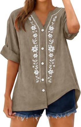 Generic Chemise d&eacute;t&eacute; en coton et lin &agrave; manches 3/4 pour femme, haut boh&egrave;me habill&eacute;, d&eacute;contract&eacute;, ample, floral, pour femme, kaki, 3XL