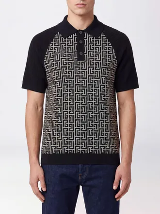 Balmain Polo en maille &agrave; monogramme PB en m&eacute;lange de coton et lin