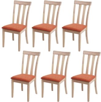 Hhg 6x chaise de salle &agrave; manger HHG-525 tissu/textile bois massif, cadre naturel, orange