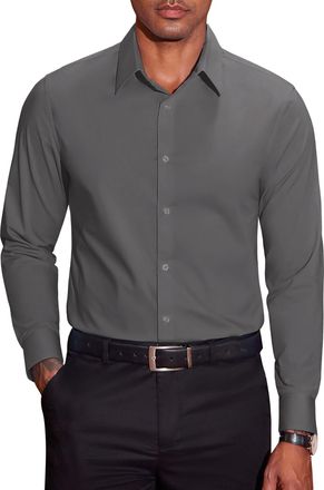 Coofandy Herren Baumwolle Hemd Langarm Stretch Bügelleichtes Businesshemden Unifarben Regular Fit Freizeithemden Männer Anzug Hemden Dunkelgrau 3XL