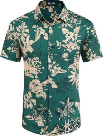 Coofandy Herrenhemden Kurzarm Herren Hawaii Hemd Strandhemd Regular Fit Gr&uuml;n-Palme 4XL