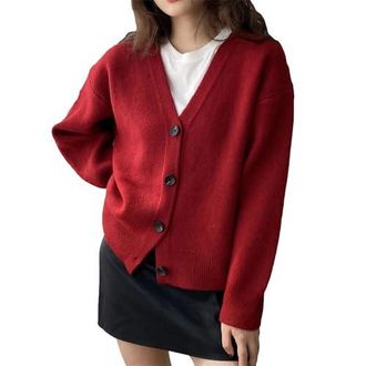 Generic Cardigan dhiver &eacute;pais d&eacute;contract&eacute; &agrave; col en V de couleur unie &agrave; manches longues pour femme, Rouge, taille unique