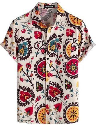 PARKLEES Chemise en coton et lin pour homme, motif vintage années 70, style ancien, chemise décontractée à manches courtes boutonnée rétro, Beige, blanc, 3XL