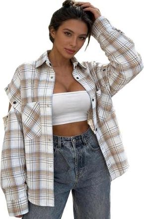 Generic DUHENWU Chemise &agrave; carreaux &agrave; manches longues pour femme - Chemise de loisirs boutonn&eacute;e - Coupe droite - D&eacute;contract&eacute;e - Col en V - Chemise daffaires - 