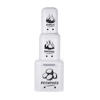 Relaxdays Kartoffel Aufbewahrungsbox, Zwiebeln, Knoblauch, 3er Set, mit Deckel & L&ouml;chern, Metall, Zwiebeltopf, wei&szlig;