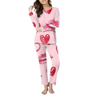 Generic Ensemble de sous-v&ecirc;tements de Saint-Valentin pour femme, pyjama imprim&eacute; color&eacute;, v&ecirc;tements de nuit 2 pi&egrave;ces, pull &agrave; manches longues et col rond avec pa