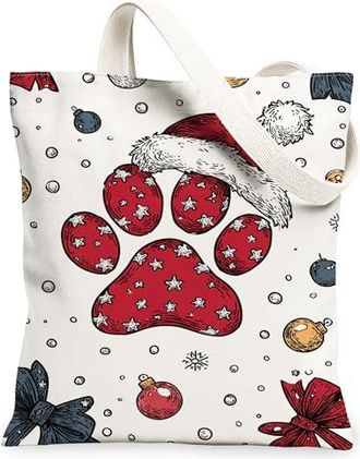 Generic Sac fourre-tout en toile avec imprim&eacute; de pattes festives, sacs de courses r&eacute;utilisables, sacs de courses r&eacute;utilisables, l&eacute;gers et lavables, Rouge, 13x