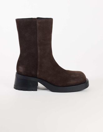 Topshop Lillian bottines chunky en daim v&eacute;ritable couleur chocolat-Marron