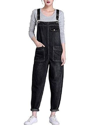 Lazutom Salopette ample d&eacute;contract&eacute;e en jean pour femme, Noir, 46