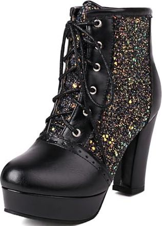 SJJH Bottines &agrave; fermeture &eacute;clair lat&eacute;rale | Bottes pour femme pour occasions sp&eacute;ciales, talon 9 cm, paillettes brillantes, polyvalentes, Noir, 44 EU