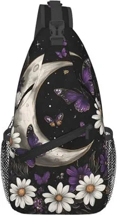 Generic Sacoche Port&eacute; &eacute;paule Marguerite Lune Fleur Papillon Casual Sac &agrave; Bandouli&egrave;re R&eacute;glable Crossbody Bag pour Voyage Cyclisme Randonn&eacute;e