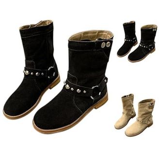 Generic Bottes de cowboy en daim pour femme, bottes occidentales &agrave; bout rond &agrave; talons bas, bottines occidentales avec boucle en m&eacute;tal, bottes de cowgirl mi-mo