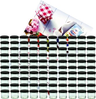 MamboCat 100er Set Sturzglas 125 ml Marmeladenglas Einmachglas Einweckglas to 66 schwarzer Deckel incl. Diamant-Zucker Gelierzauber Rezeptheft