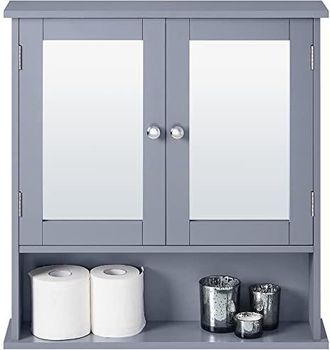 Yaheetech Armoire Murale de Salle de Bain, Placard de Rangement Toilettes 3 Niveaux, Étagères à Hauteur Réglable, 2 Portes et Miroirs, 56 × 13 × 58 cm Gris